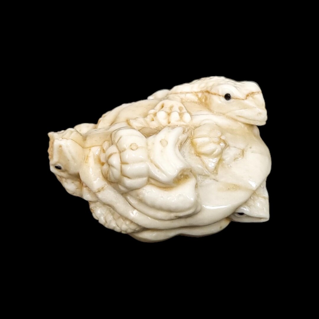 Meiji Period Japanese Bone Signed Okimono / Netsuke, Two Toads and ...
