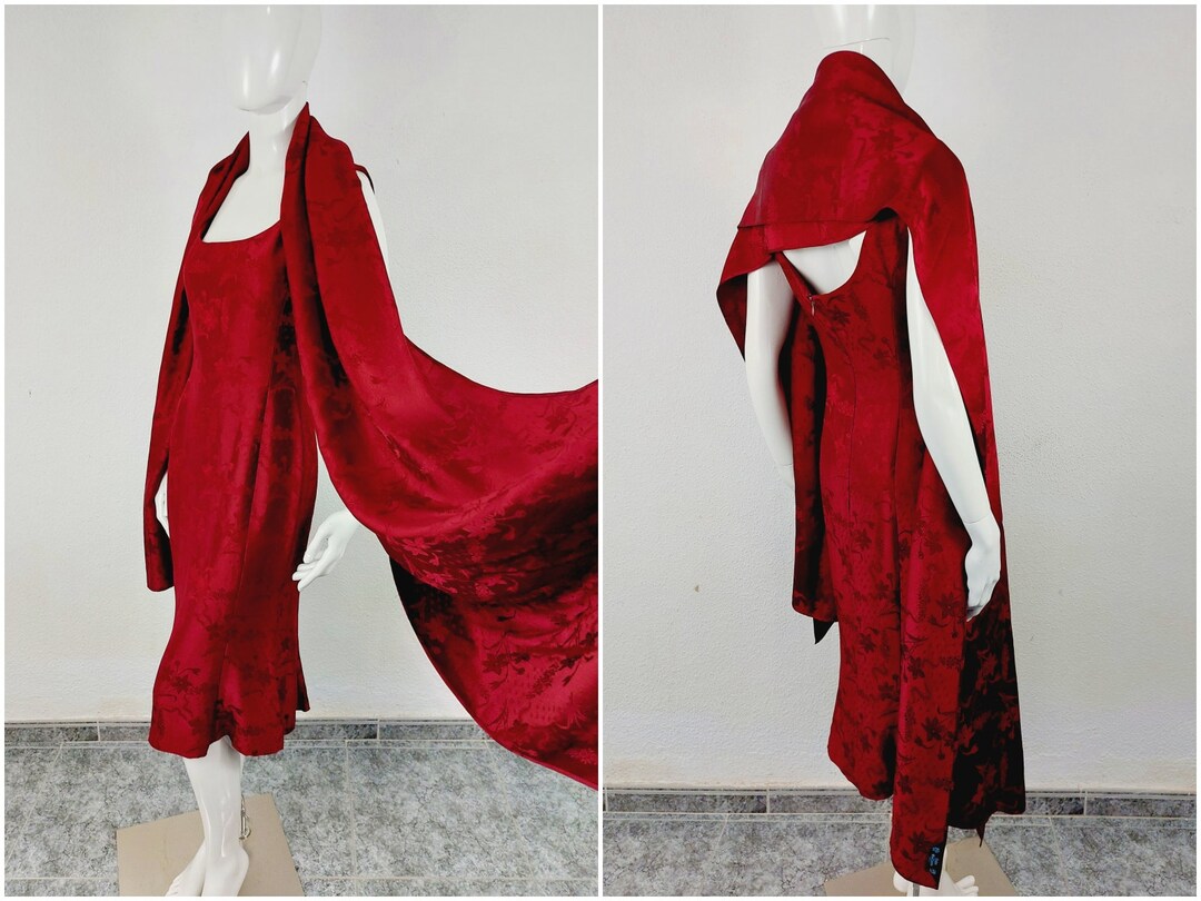 John Galliano London Red Silk Brocade Floral Runway Evening Gown Bias ...