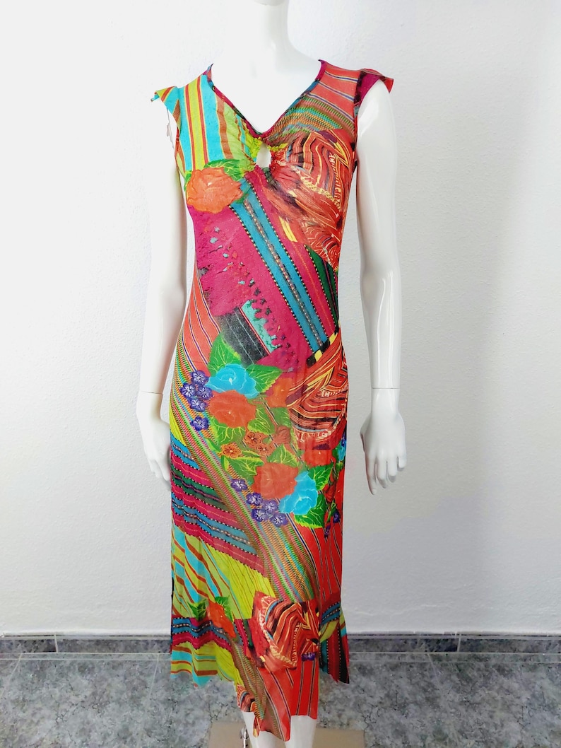 Vintage Kenzo Jeans Rose Floral Rainbow Shiny Asymmetric Mesh ...
