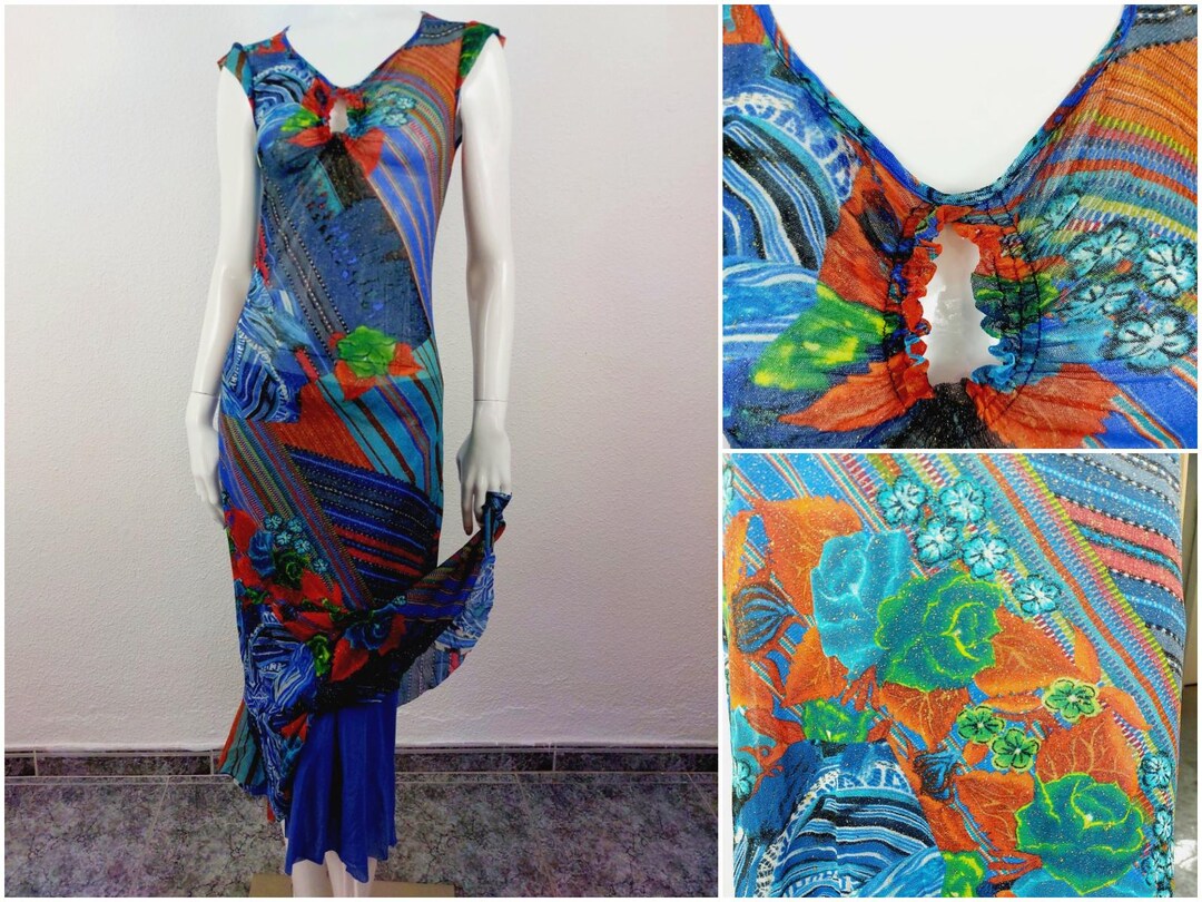 Vintage Kenzo Jeans Rose Floral Rainbow Shiny Asymmetric Mesh ...