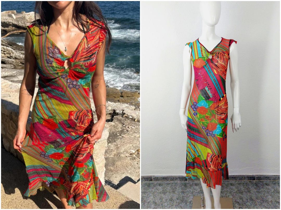 Vintage Kenzo Jeans Rose Floral Rainbow Shiny Asymmetric Mesh ...