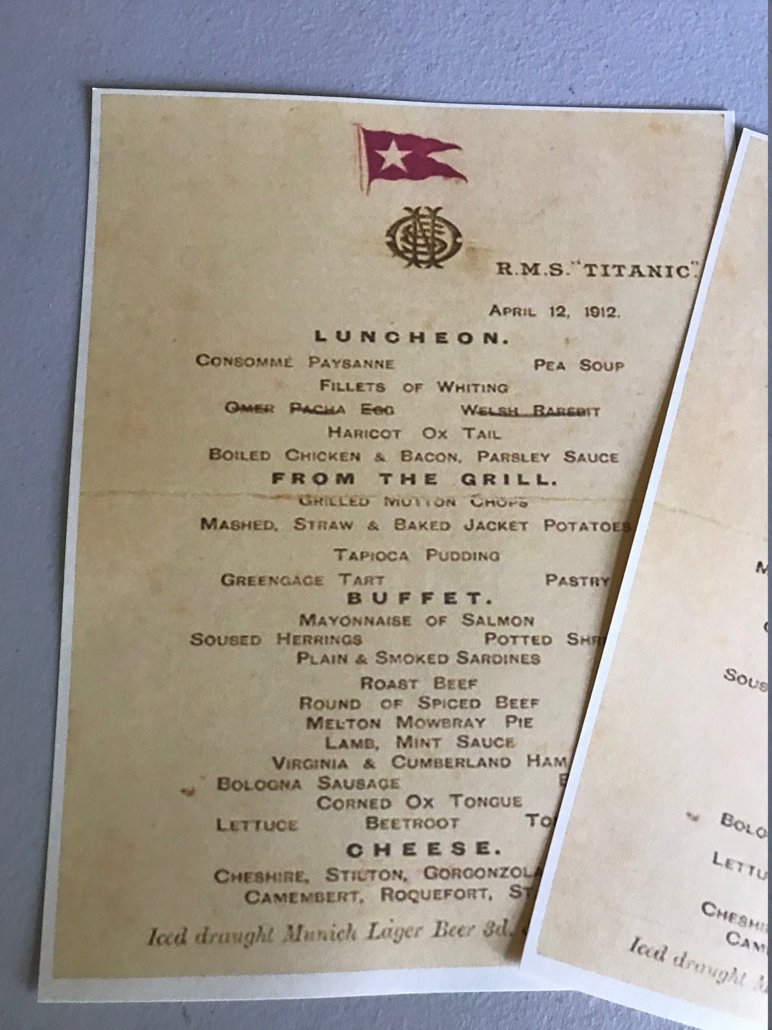 RMS Titanic First Class Lunch Menu April 12, 1912 Replica Reprint on ...