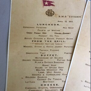RMS Titanic First Class Lunch Menu April 12, 1912 Replica Reprint on ...