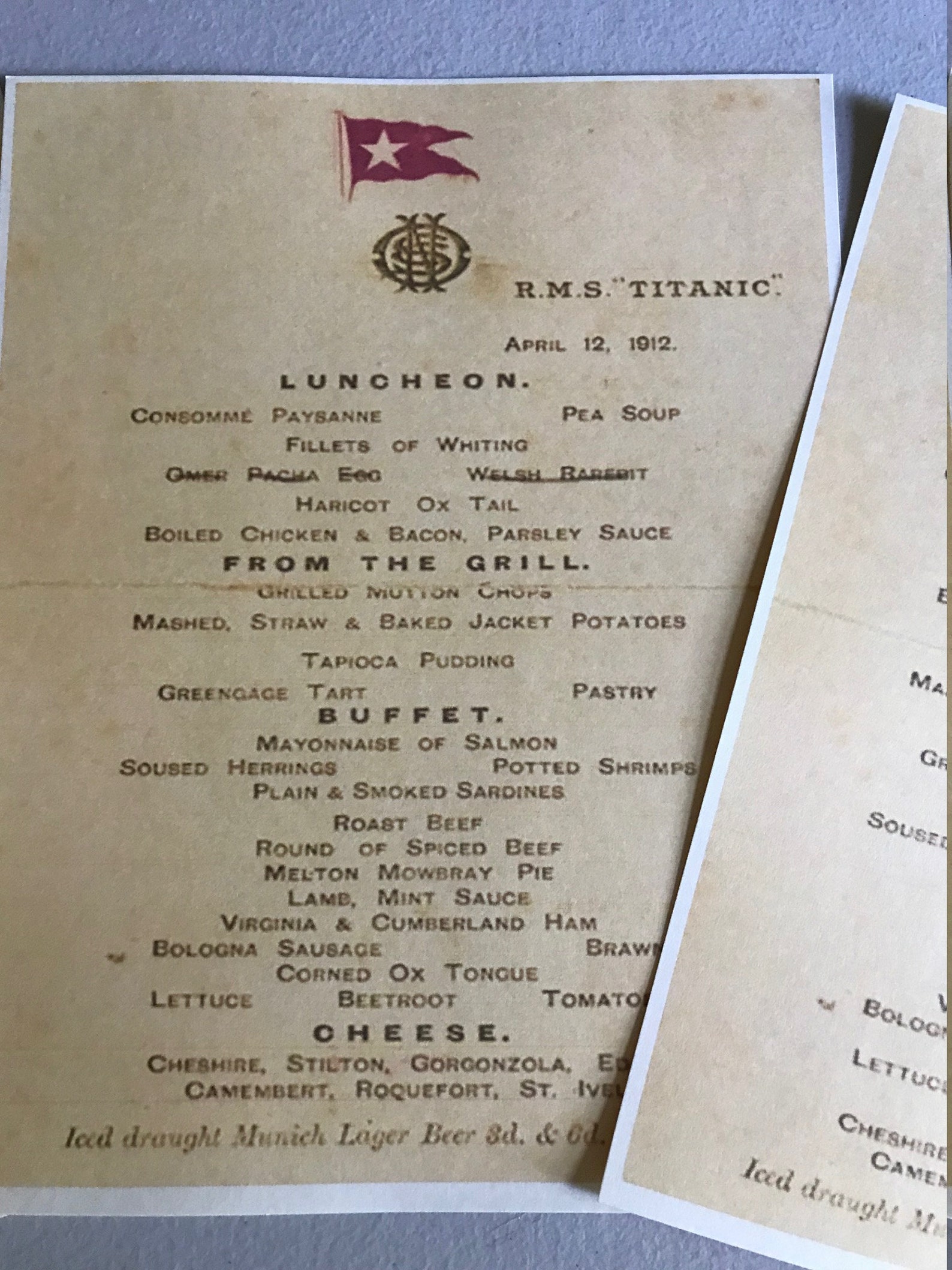 RMS Titanic First Class Lunch Menu April 12, 1912 Replica Reprint on ...