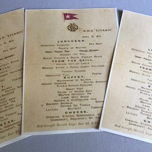 RMS Titanic First Class Lunch Menu April 12, 1912 Replica Reprint on ...