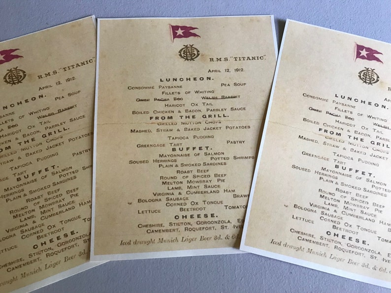 RMS Titanic First Class Lunch Menu April 12, 1912 Replica Reprint on ...