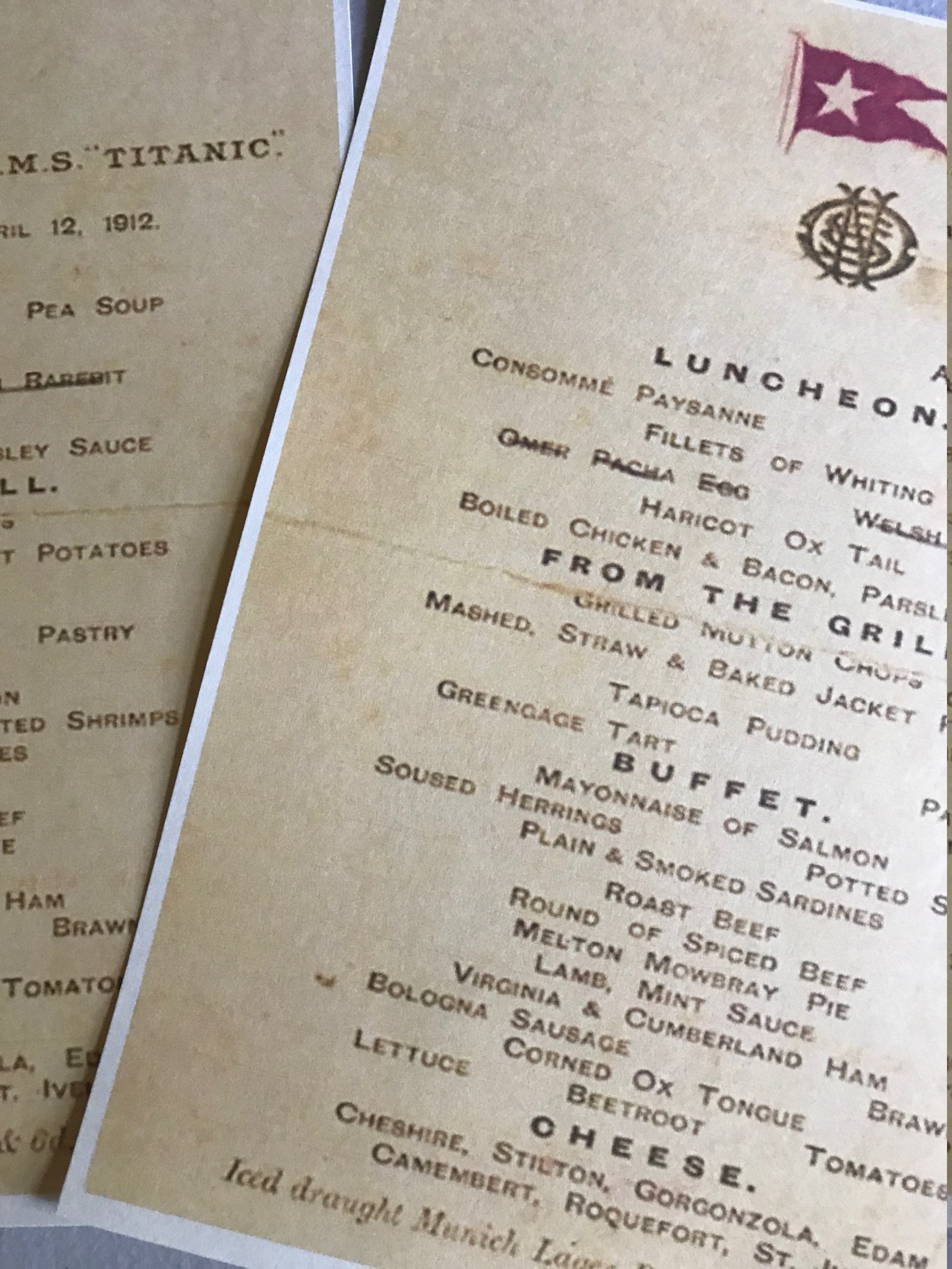 RMS Titanic First Class Lunch Menu April 12, 1912 Replica Reprint on ...