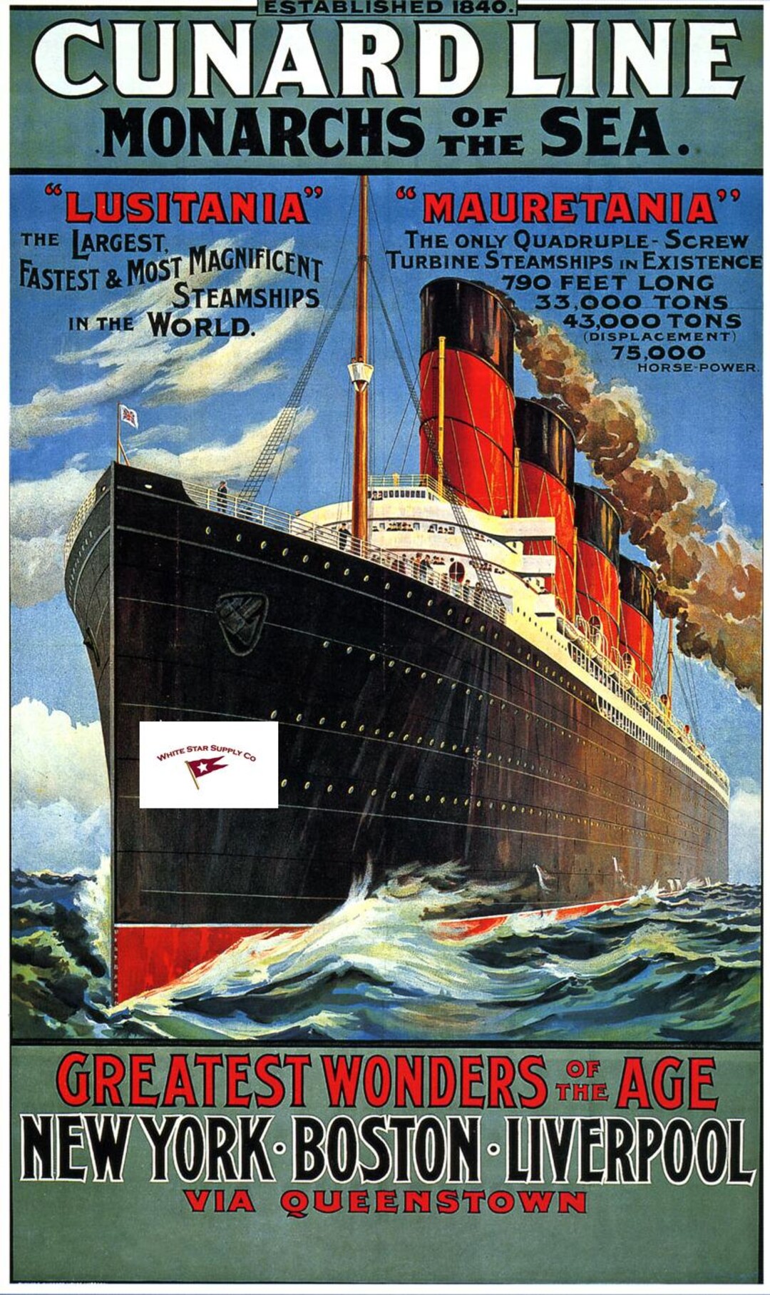 Lusitania Travel Poster, Lusitania and Mauretania Vintage Print, Cunard ...
