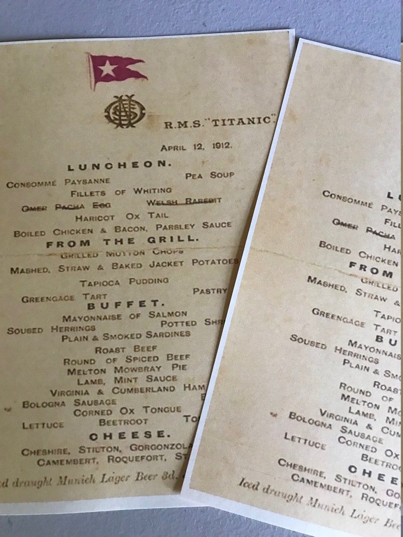 RMS Titanic First Class Lunch Menu April 12, 1912 Replica Reprint on ...