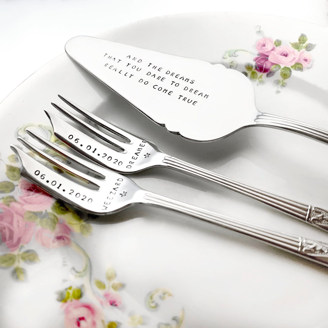 Personalised Wedding Cake Forks. Hand Stamped Silver Plated Vintage ...