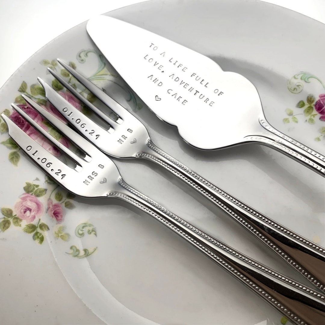 Personalised Wedding Cake Forks. Hand Stamped Silver Plated Vintage ...