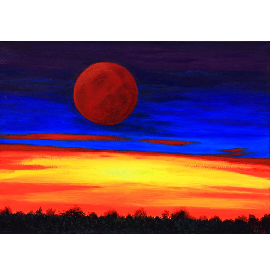Moon Painting Original Art Sky Artwork Night Sky Wall Art Full Moon Art ...