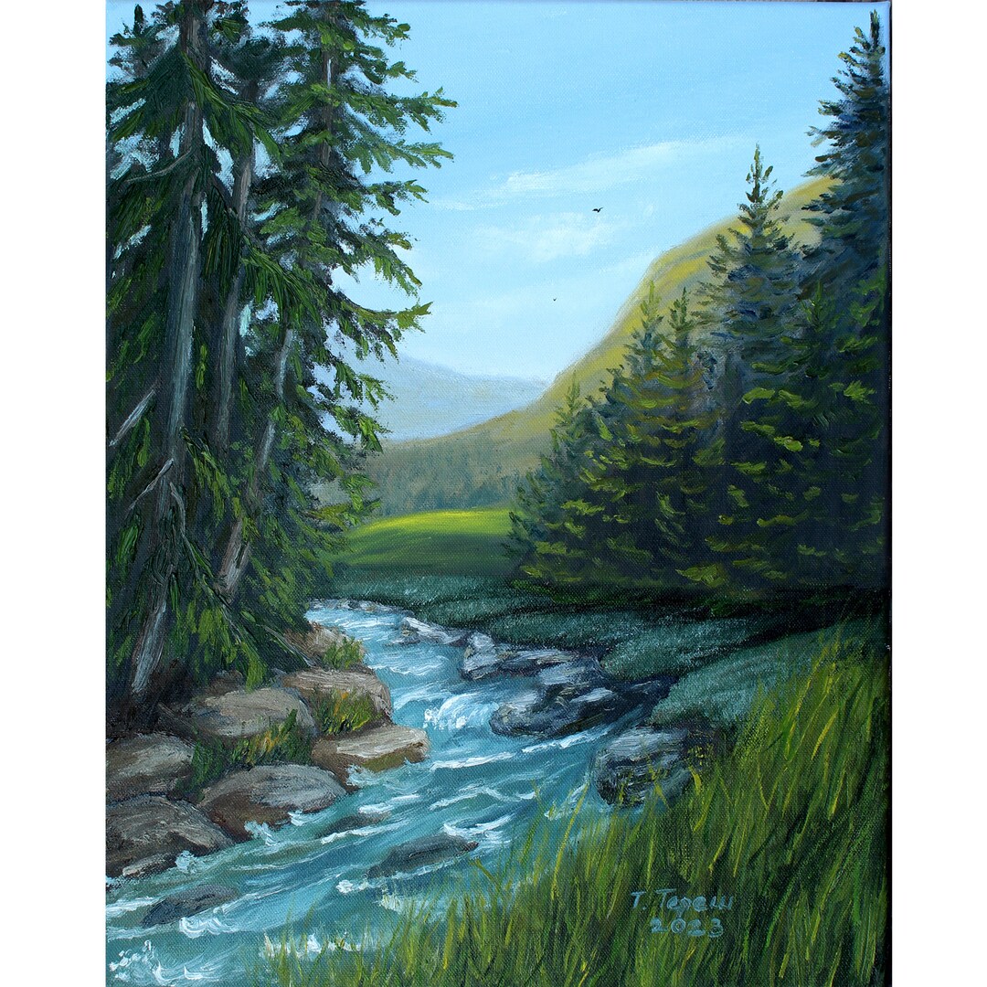 Mountains Oil Painting Spruce Tree Original Art Stream Artwork River ...