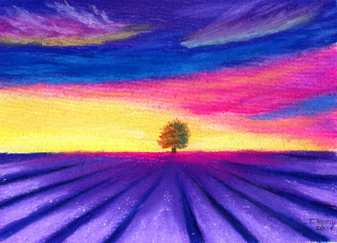 Lavender Painting Provence Original Art Field Artwork Tree Wall Art ...