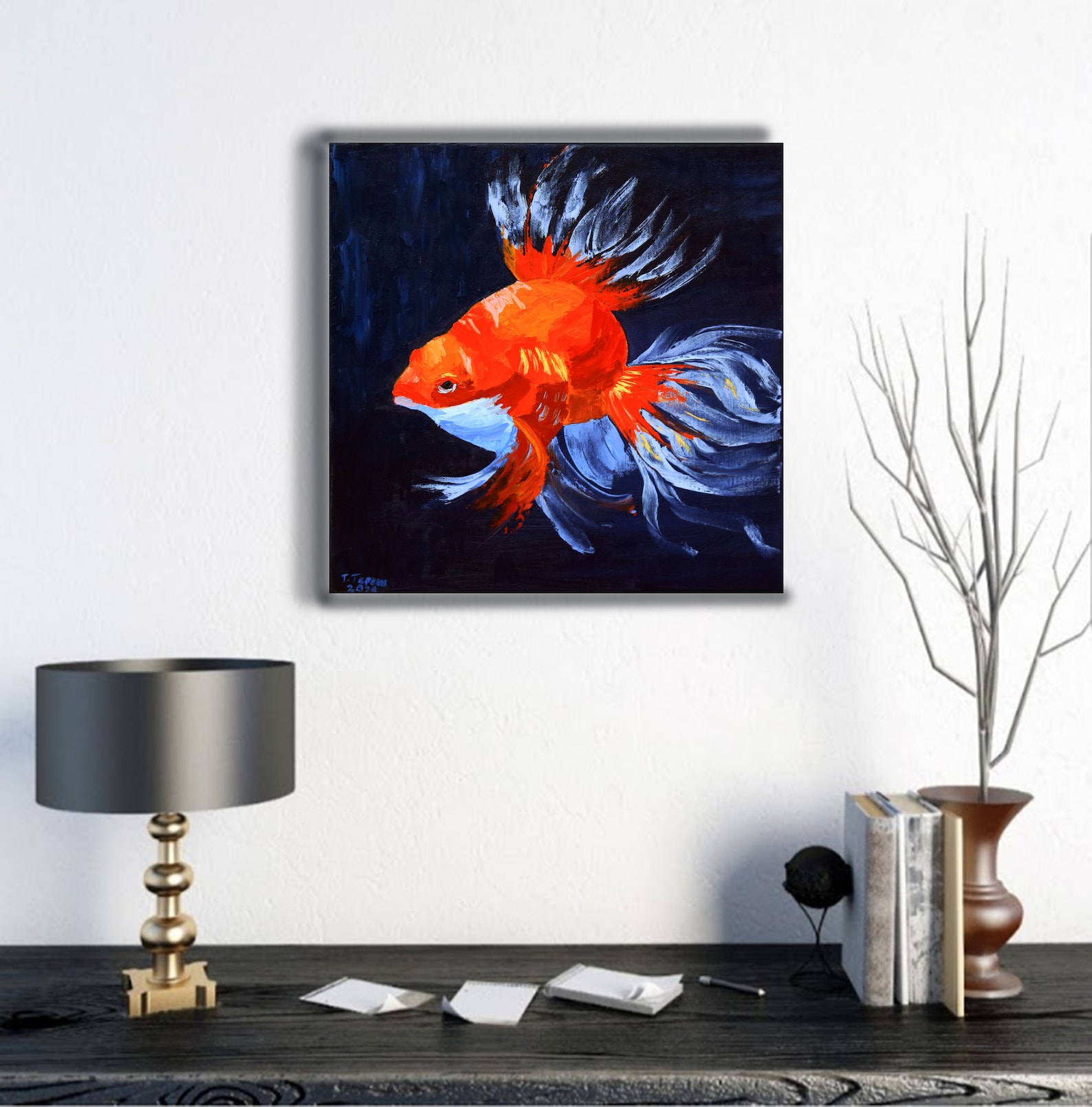 Fish Painting Animal Original Art Ocean Artwork Underwater Wall Art Oil ...