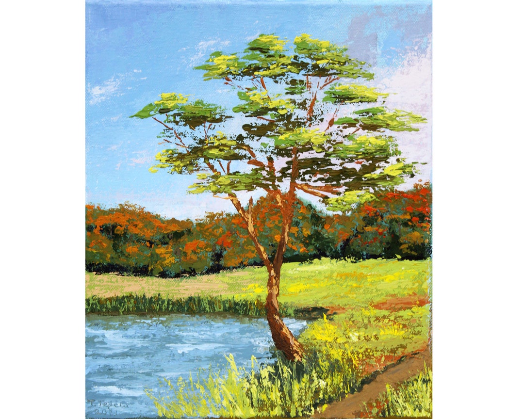 Pine Tree Painting Tree Original Art Landscape Artwork Lake Wall Art ...