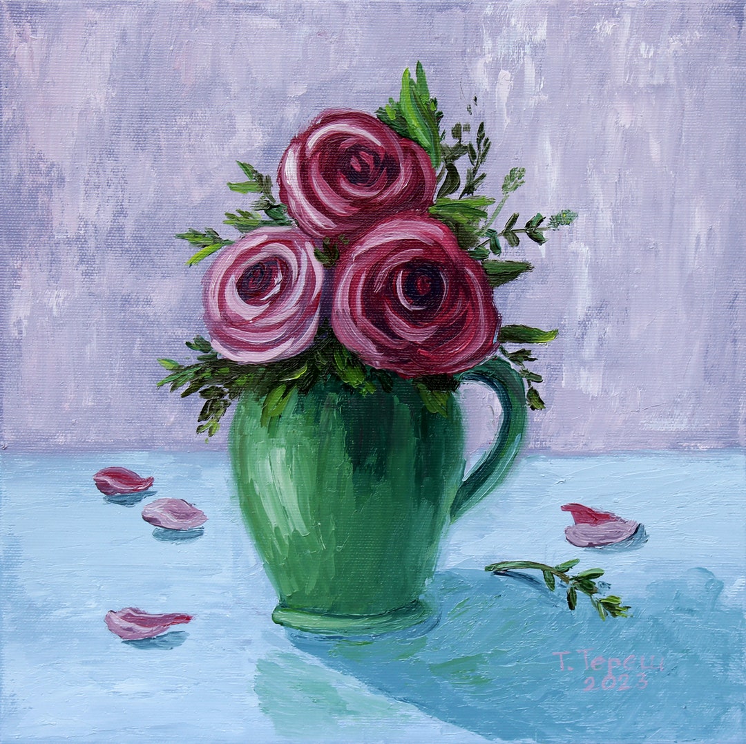 Rose Painting Flower Original Art Still Life Artwork Floral Wall Art ...