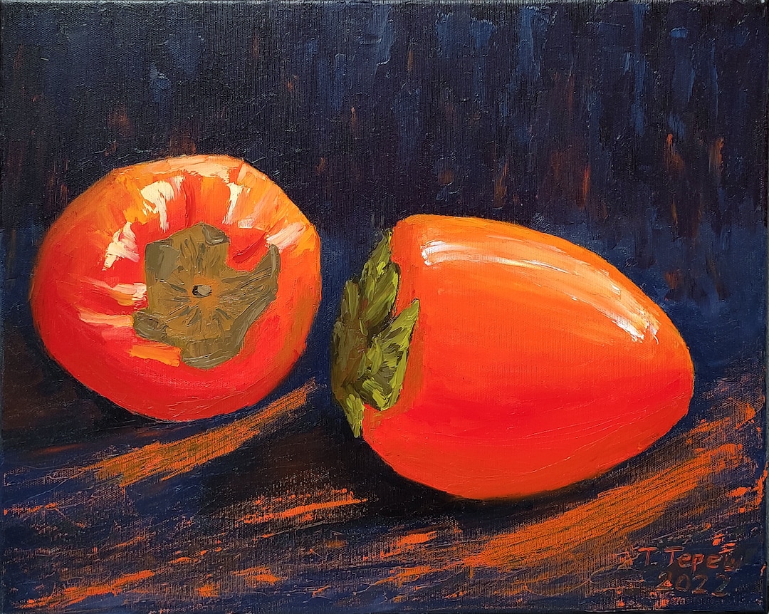 Persimmon Painting Fruit Original Art Kitchen Artwork Still Life Wall ...