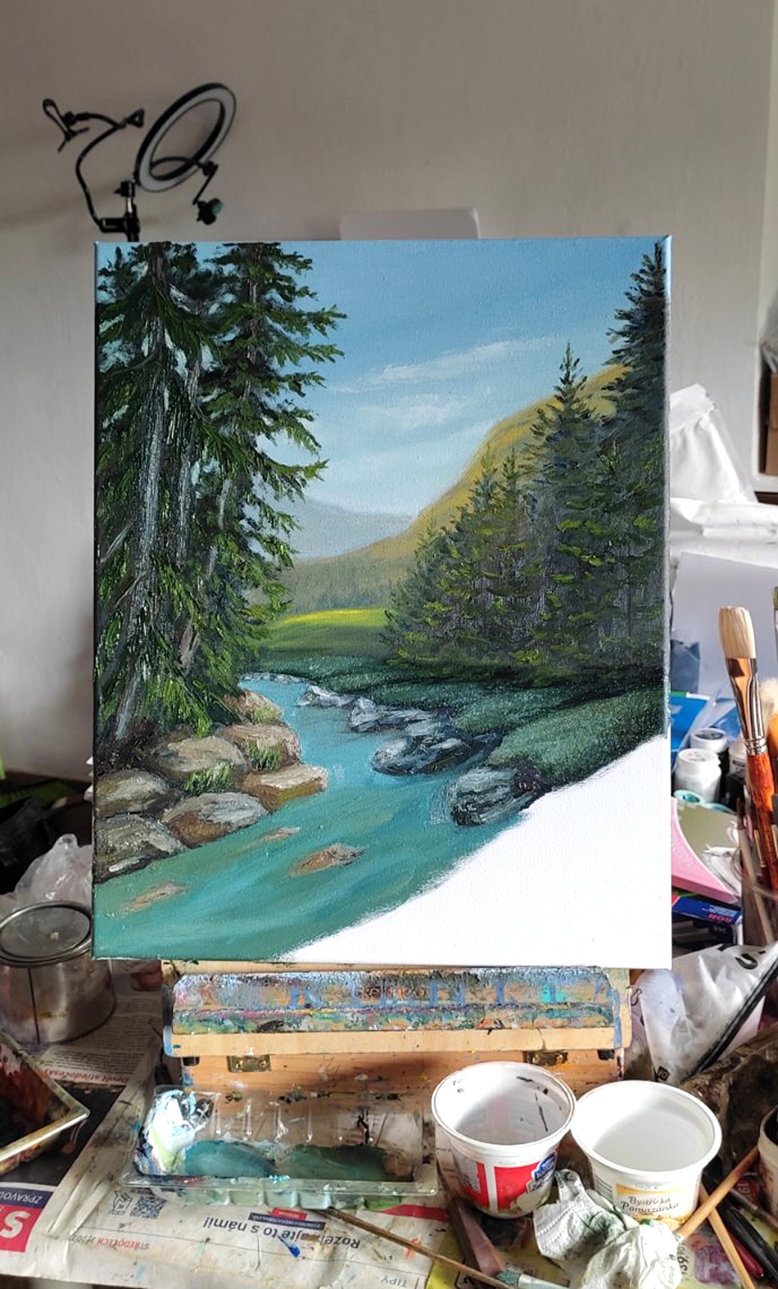Mountains Oil Painting Spruce Tree Original Art Stream Artwork River ...