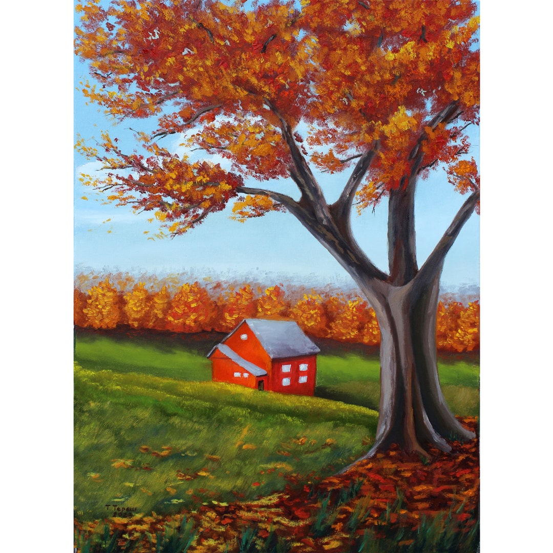 Fall Painting Tree Original Art Landscape Artwork House Wall Art Leaf ...