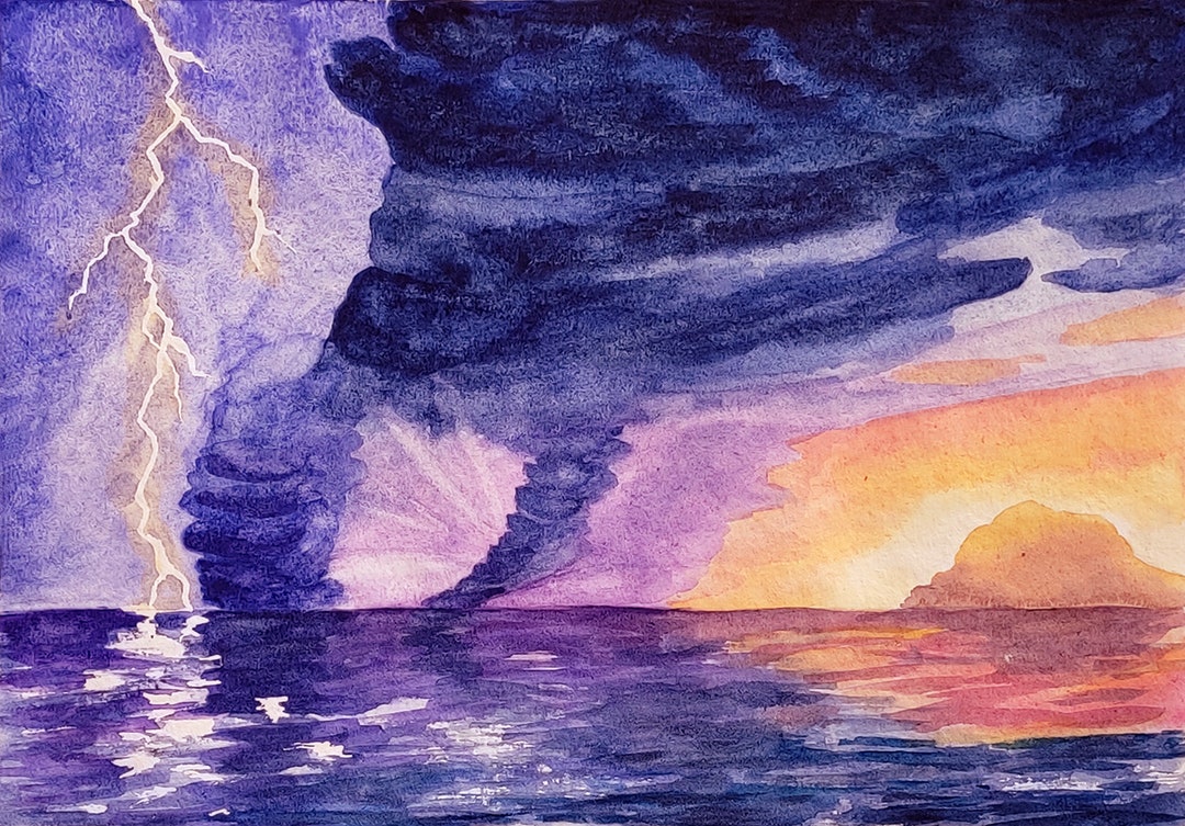 Sky Painting Storm Original Watercolor Art Lightning Artwork Seascape ...