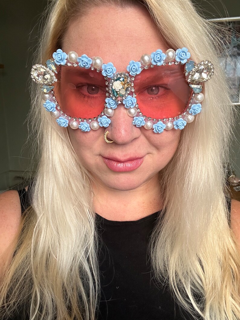 Marie Antoinette Cake Inspired Pink Sunglasses With Blue Roses, Pearls ...