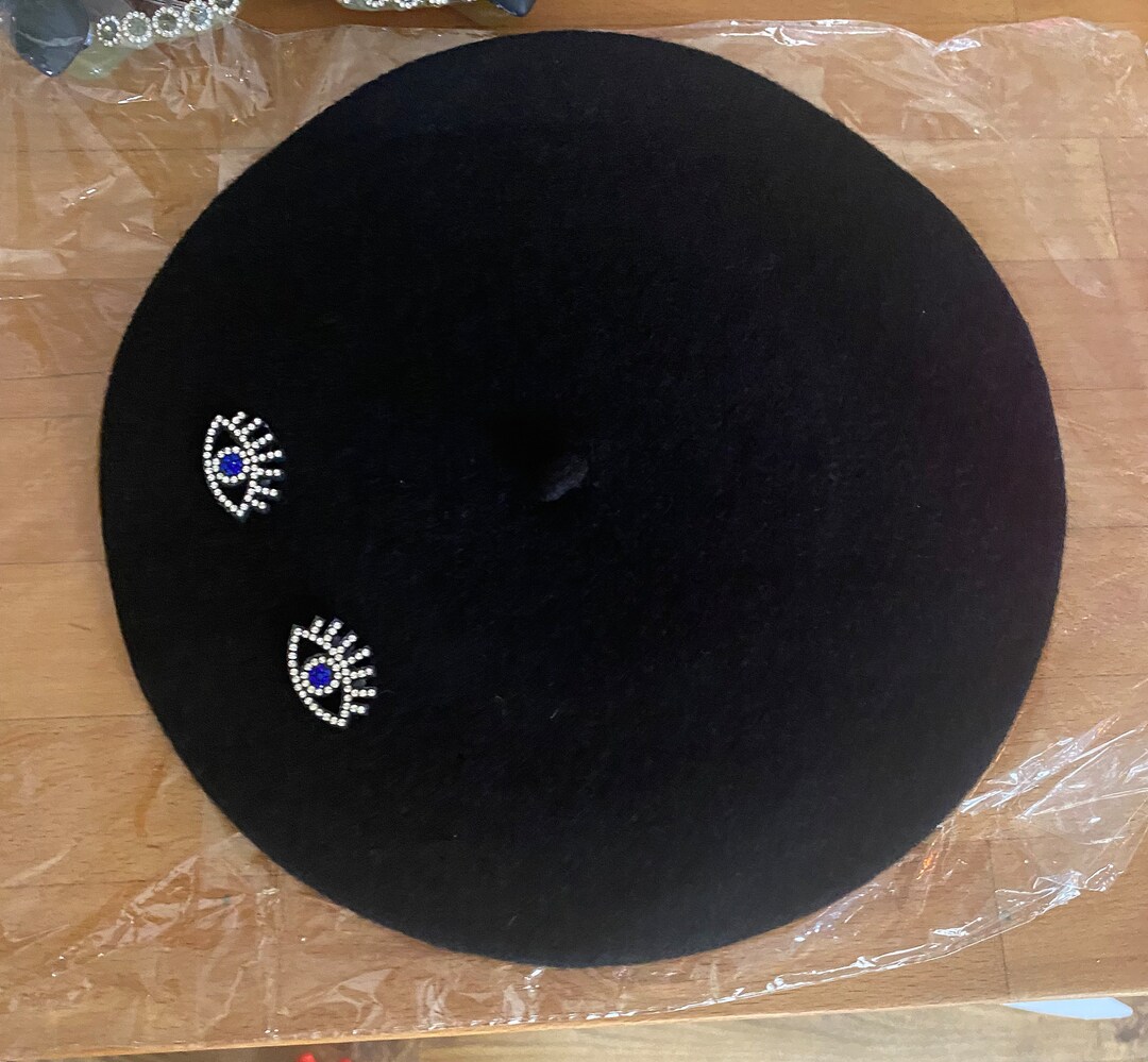 Black Beret With Diamanté Blue and Crystal Evil Eye Embellishment - Etsy
