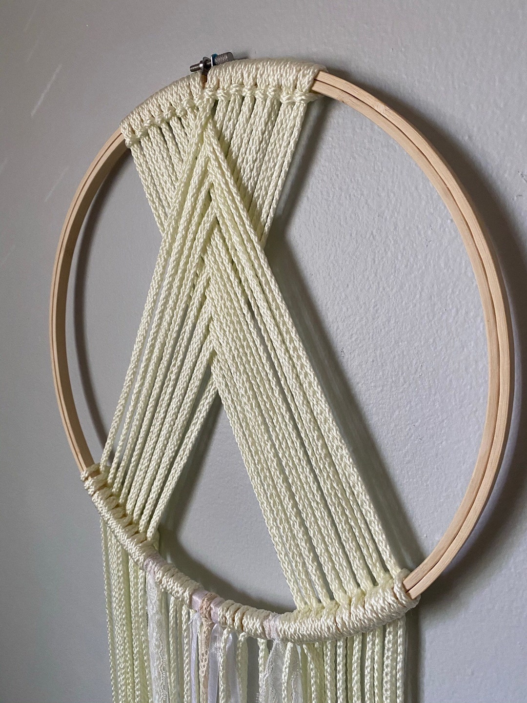 Neutral Macrame Wall Hanging, Ivory With Wooden Hoop and Lace Ribbons ...