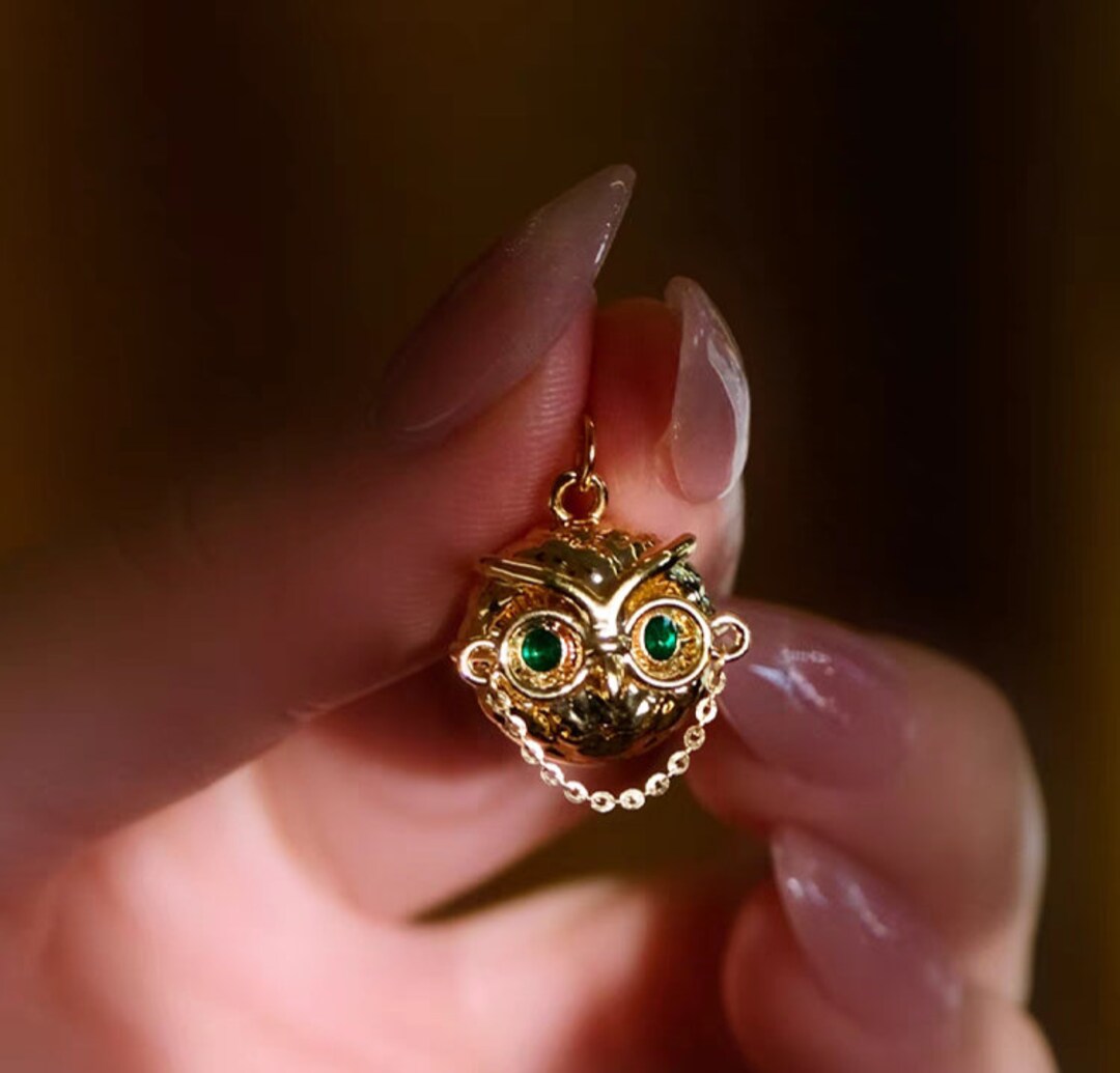 18k Real Solid Gold Owl Emerald Pendant - Etsy