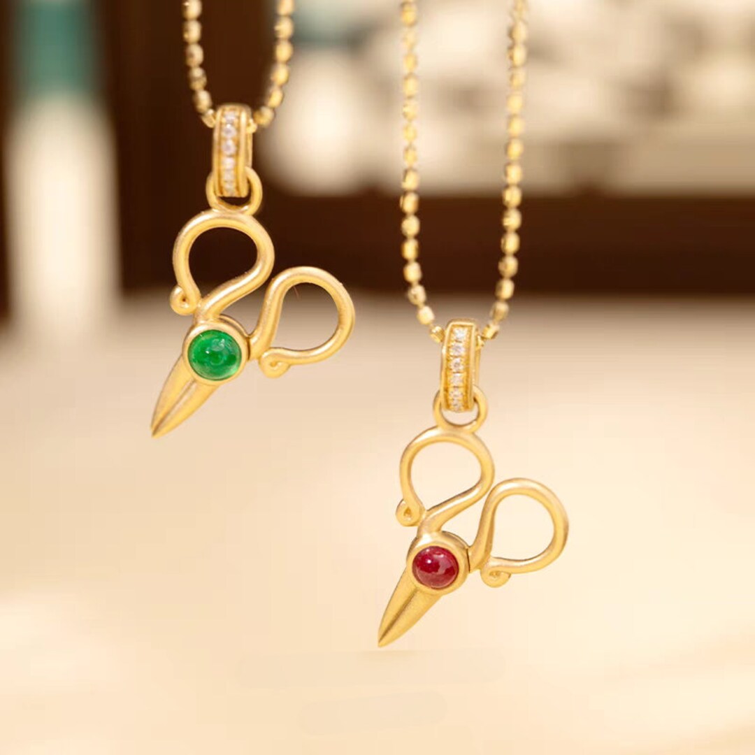 18k Real Solid Gold Design Jewel Scissors Necklace - Etsy