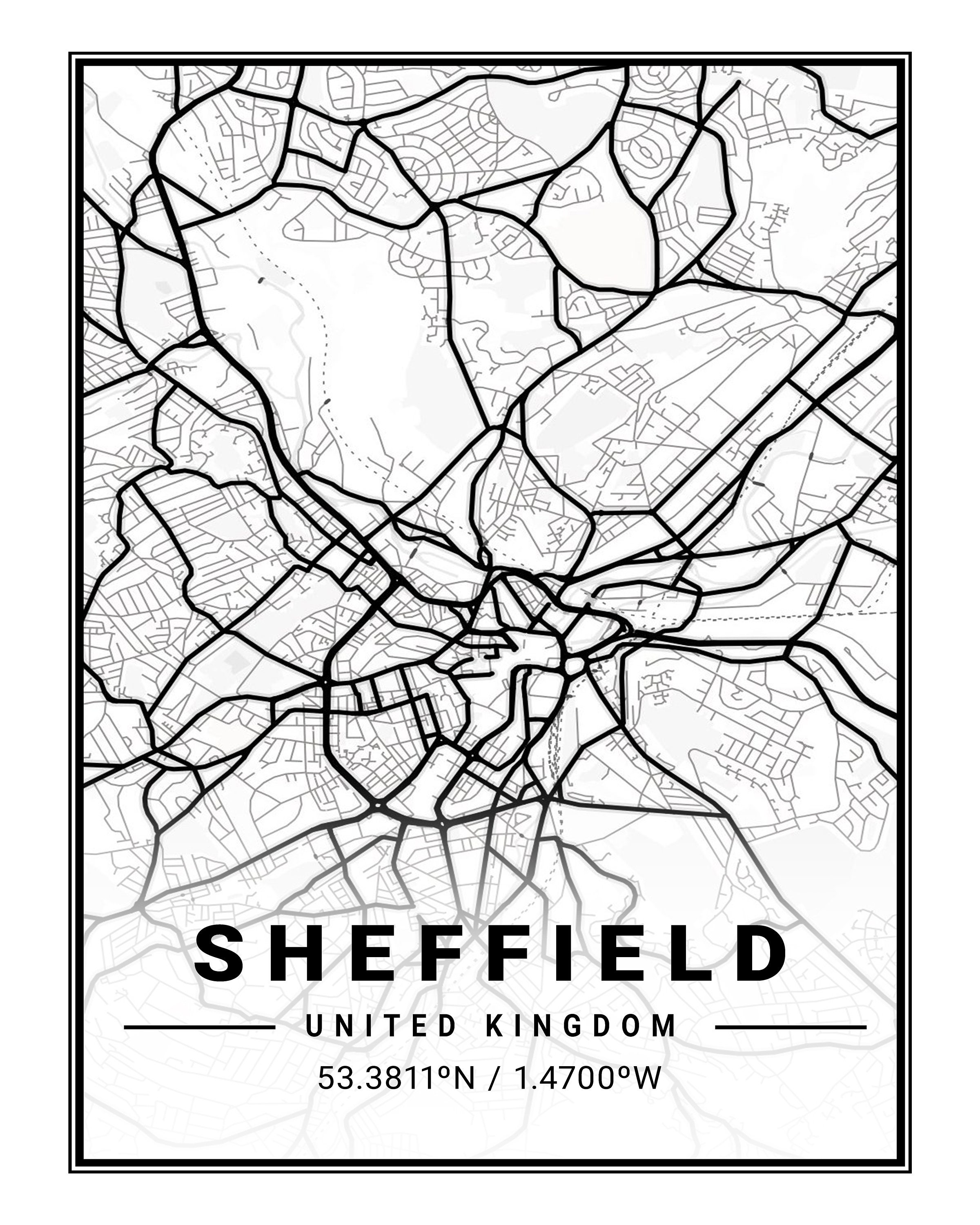 Sheffield City Map Wall Art Print - Sheffield Street Map Wall Poster ...