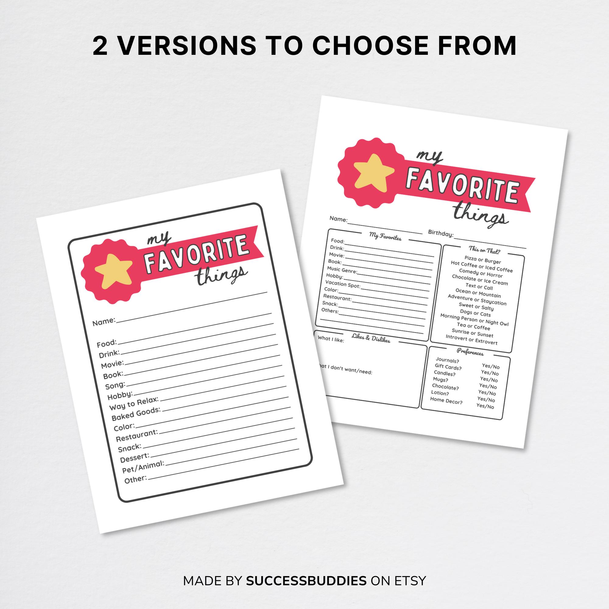 Favorite Things List, My Favorite Things List, Employee Questionnaire ...
