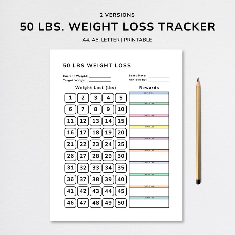 Weight Loss Tracker, Printable Weight Tracker, 50 Lbs Reward Tracker ...