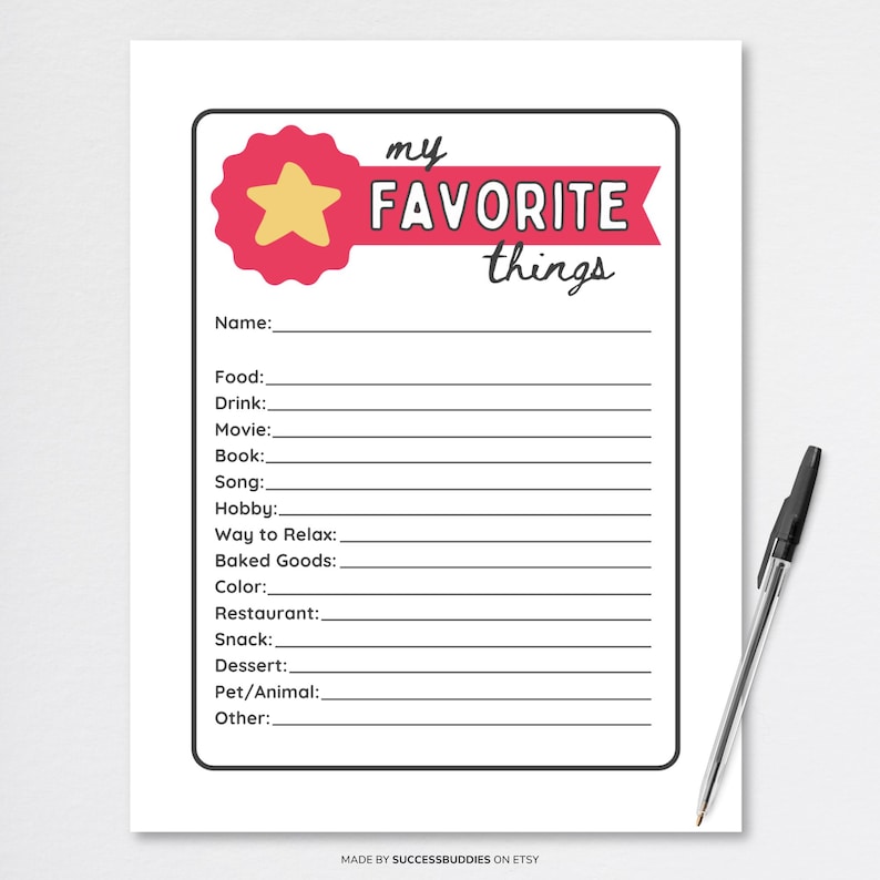 Favorite Things List, My Favorite Things List, Employee Questionnaire ...
