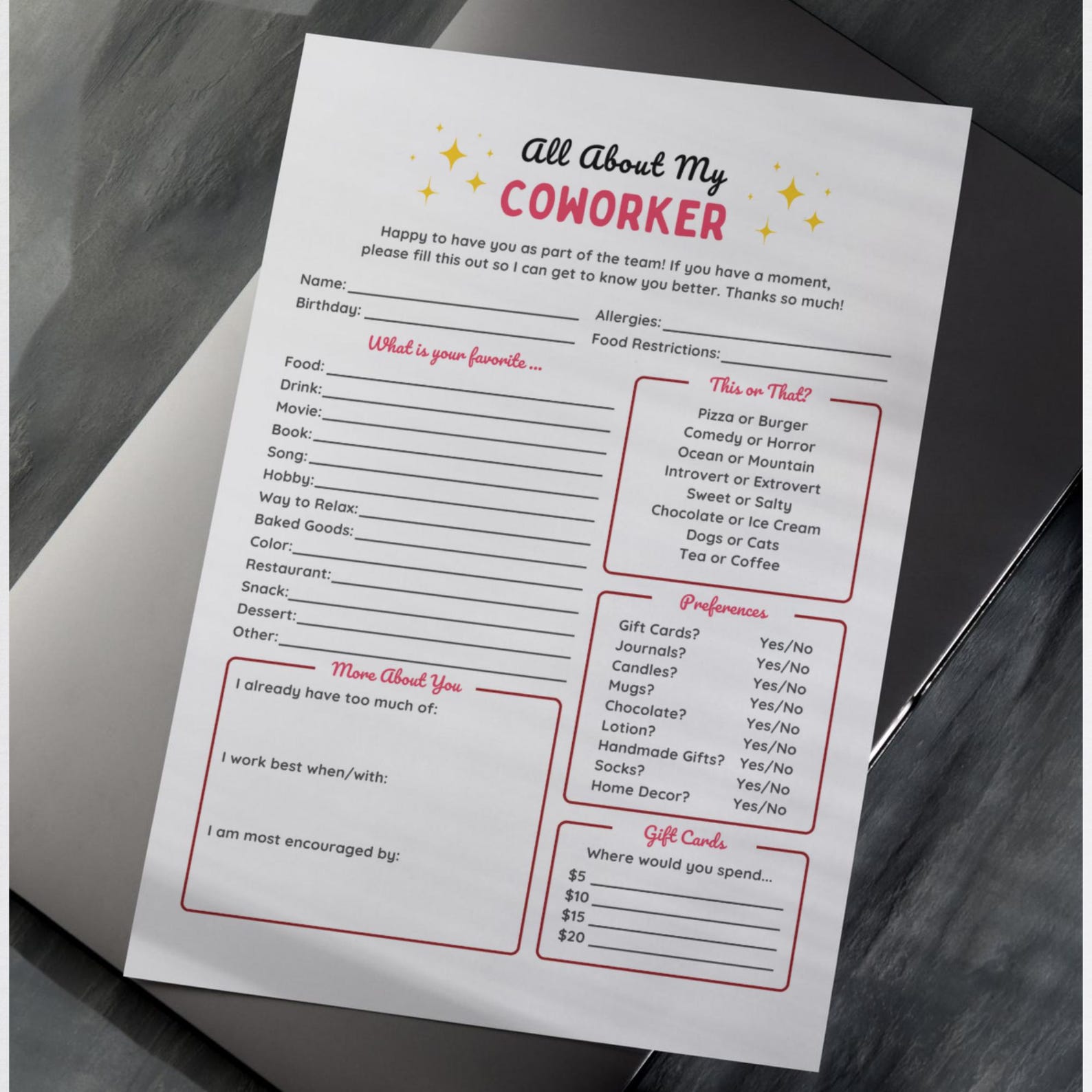 Coworker Questions, Employee Favorites List, Coworker Favorite Things ...