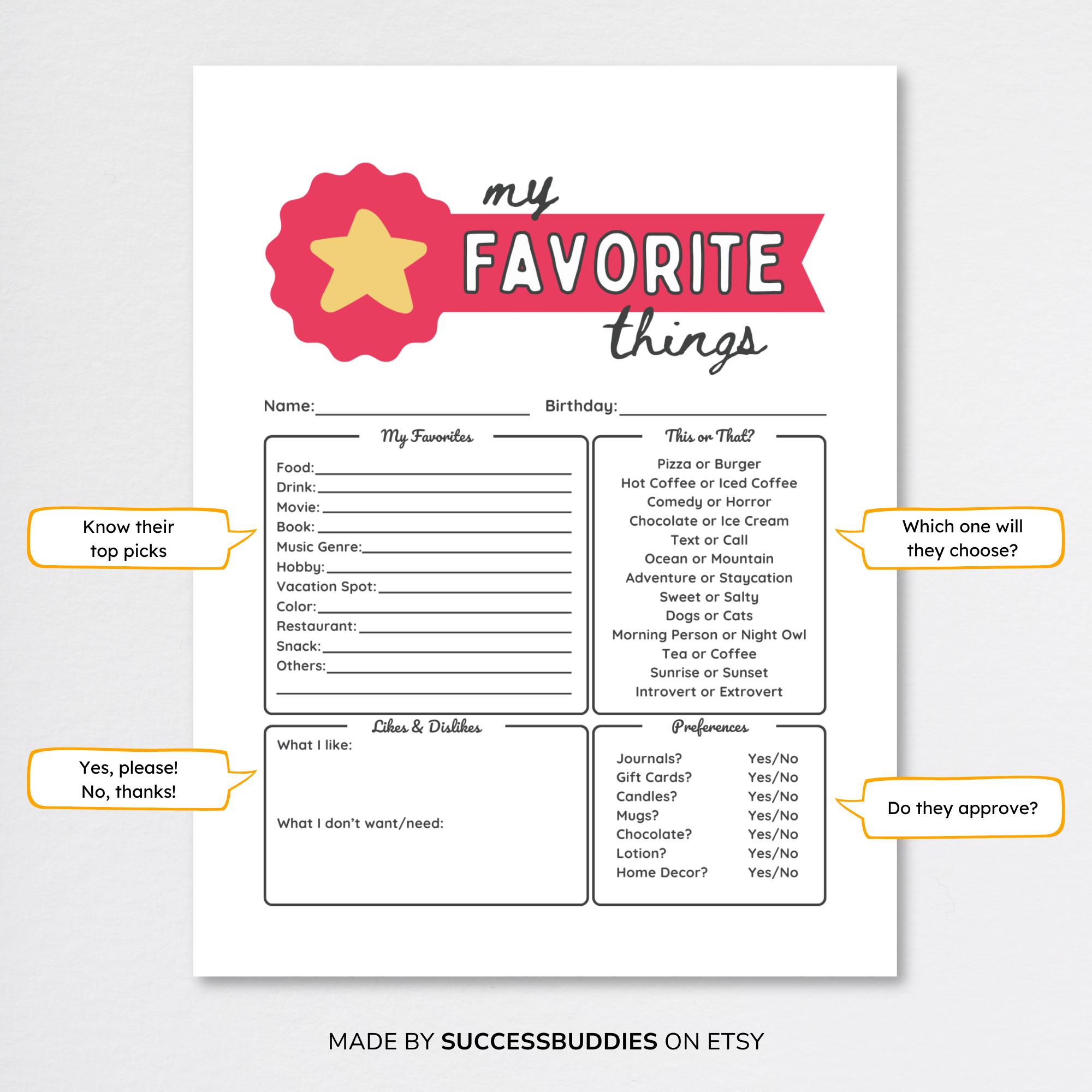 Favorite Things List, My Favorite Things List, Employee Questionnaire ...