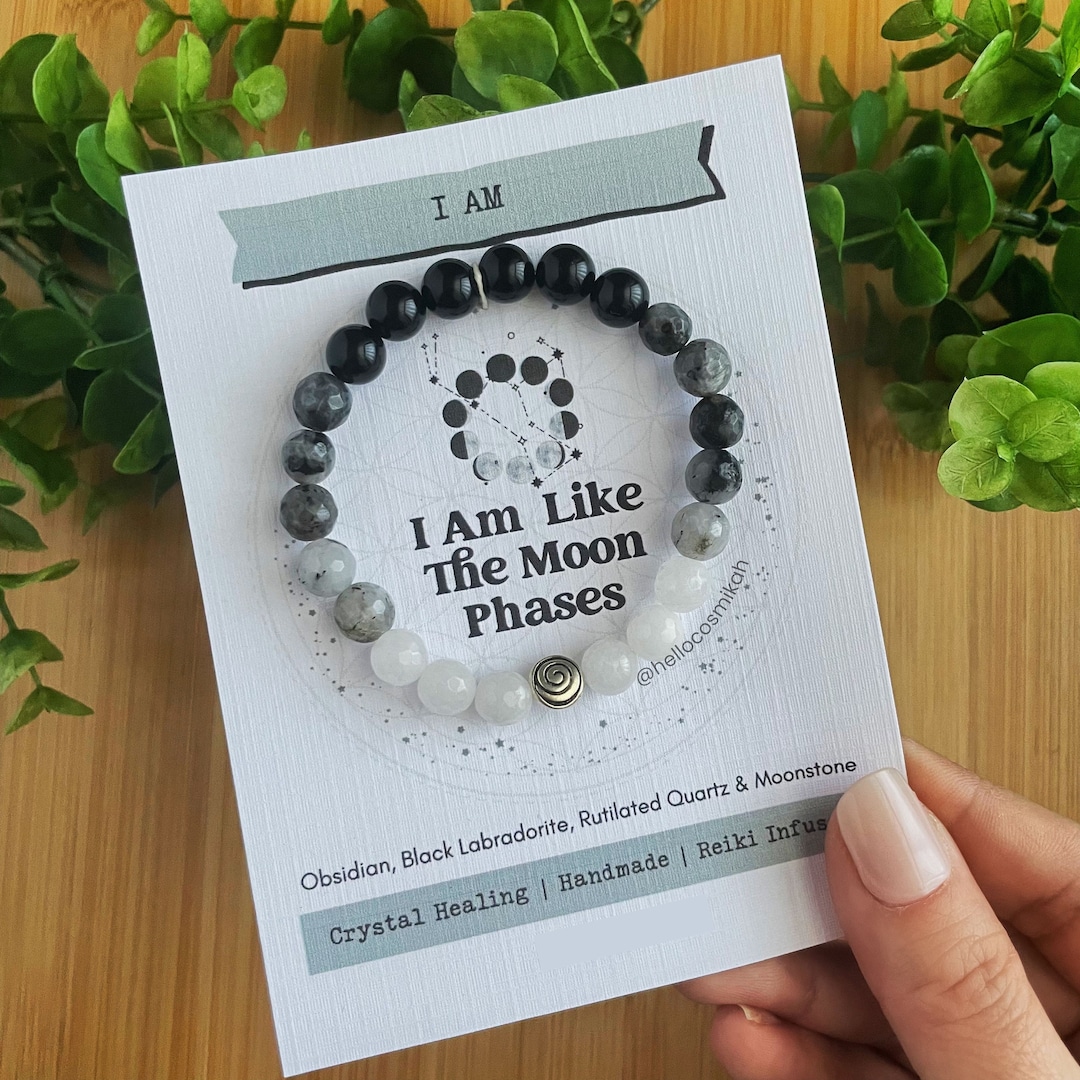 Moon Phases Bracelet: Handmade Crystal Bracelet | Obsidian, Larvikite ...