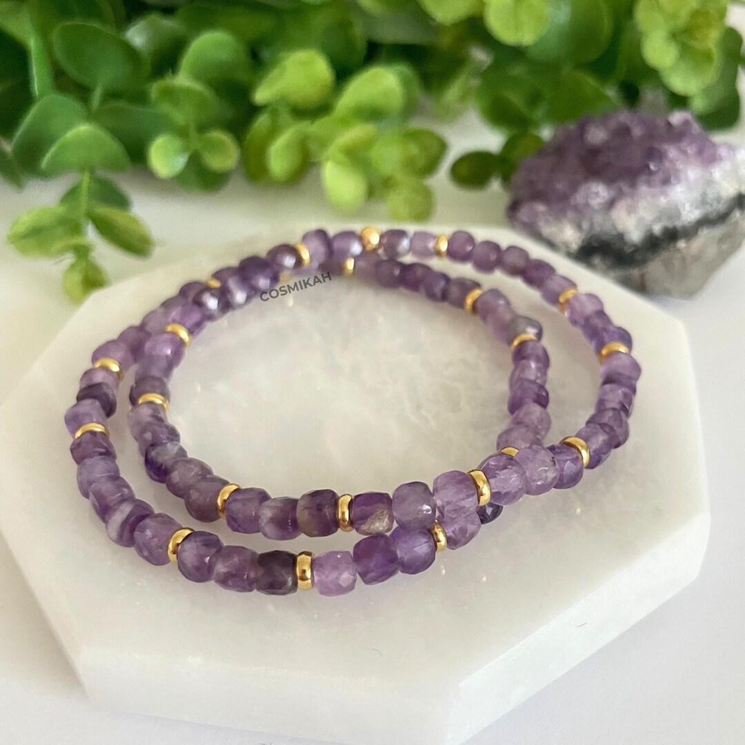 Mini Cube Amethyst Crystal Bracelets, Dainty Crystal Healing Bracelet ...