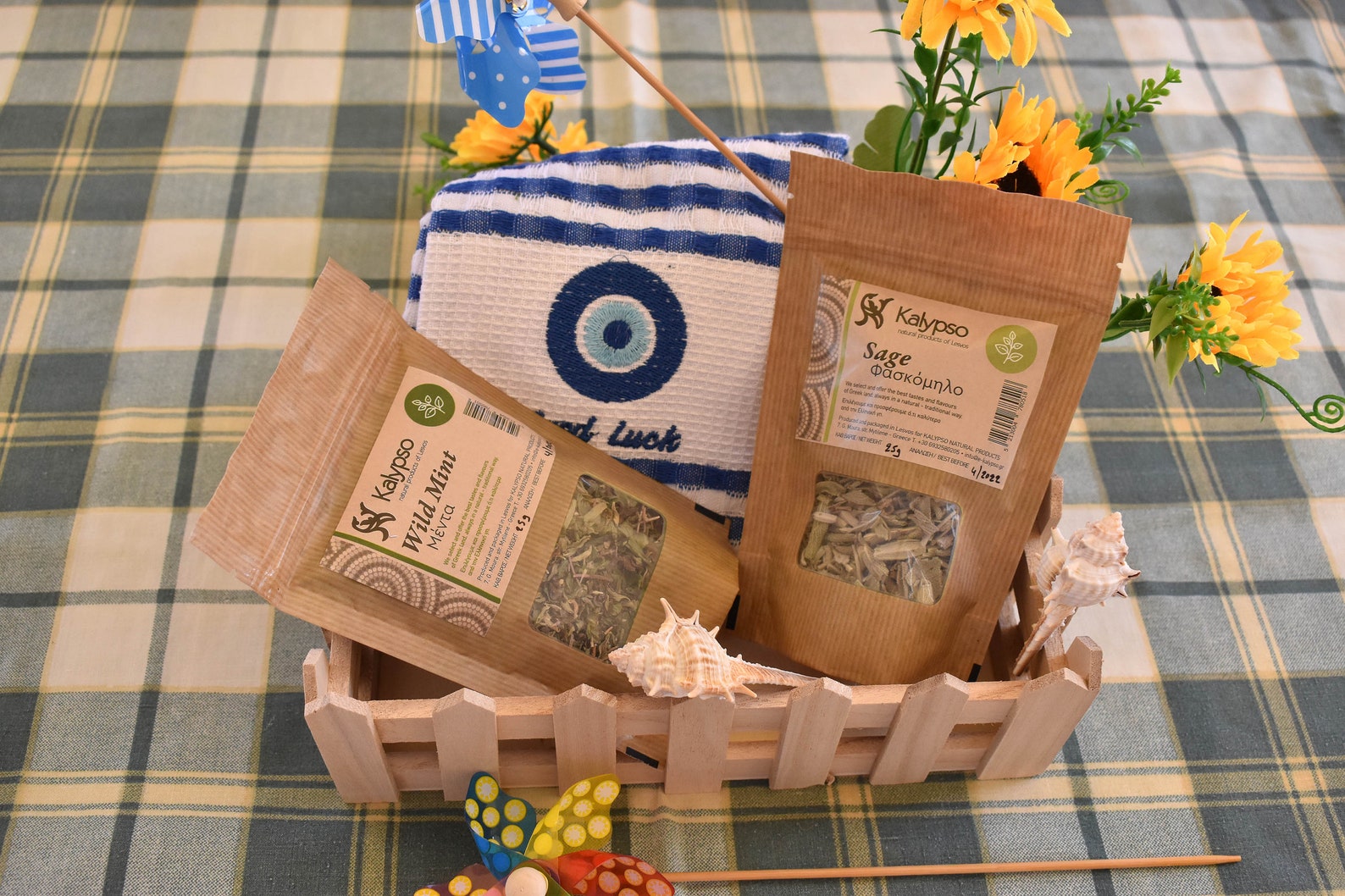 Greek Gift Basket With Organic Tea . Sage Tea, Wild Mint, Kitchen Towel ...