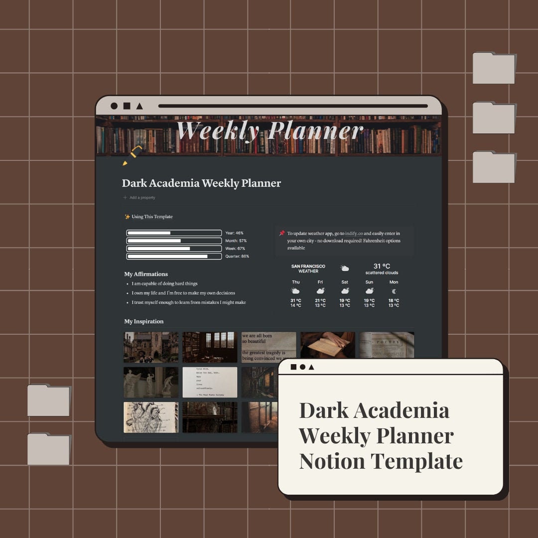 Dark Academia Weekly Planner Notion Template for Life | Etsy