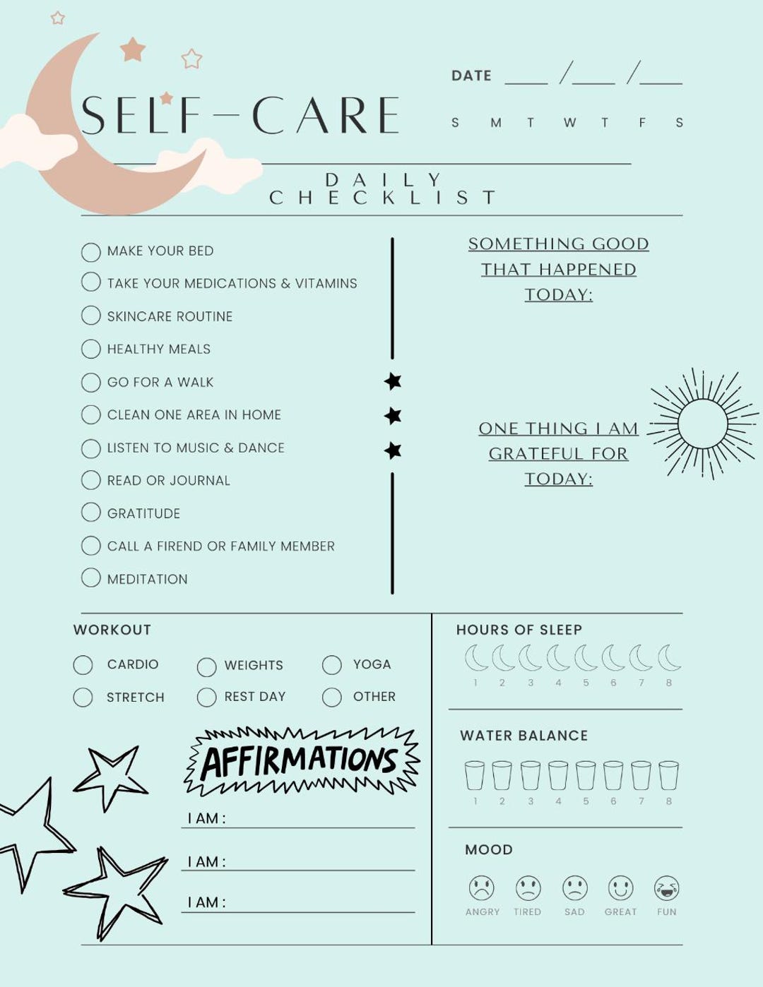 Self-care Daily Checklist Template - Etsy