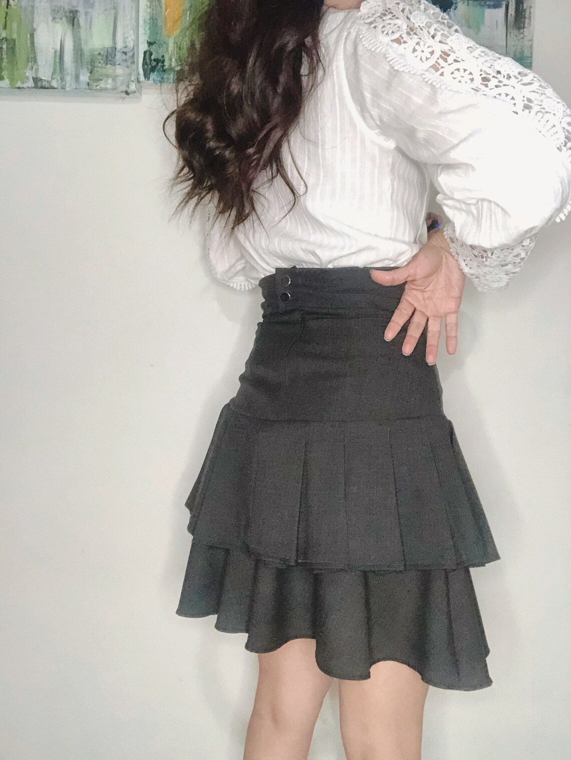 Falda tableada color gris con cintura alta y botones color | Etsy