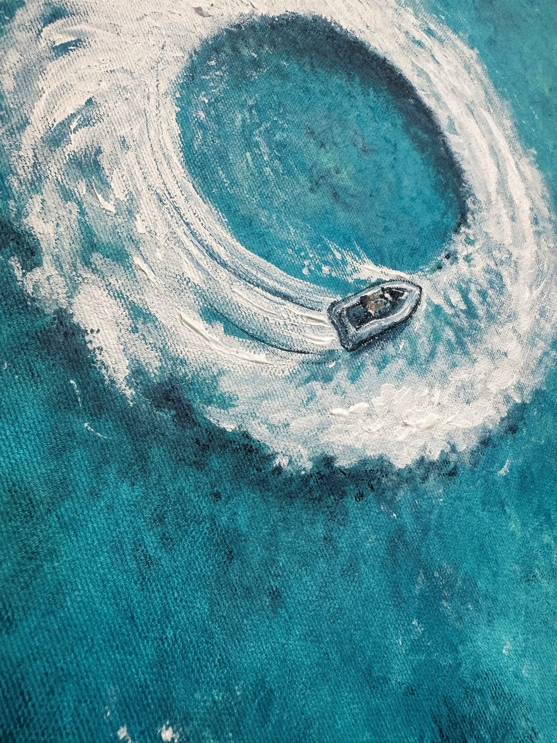 Teal Sea Painting, Acrylic Abstract Sea Art, Teal Sea, White Boat ...