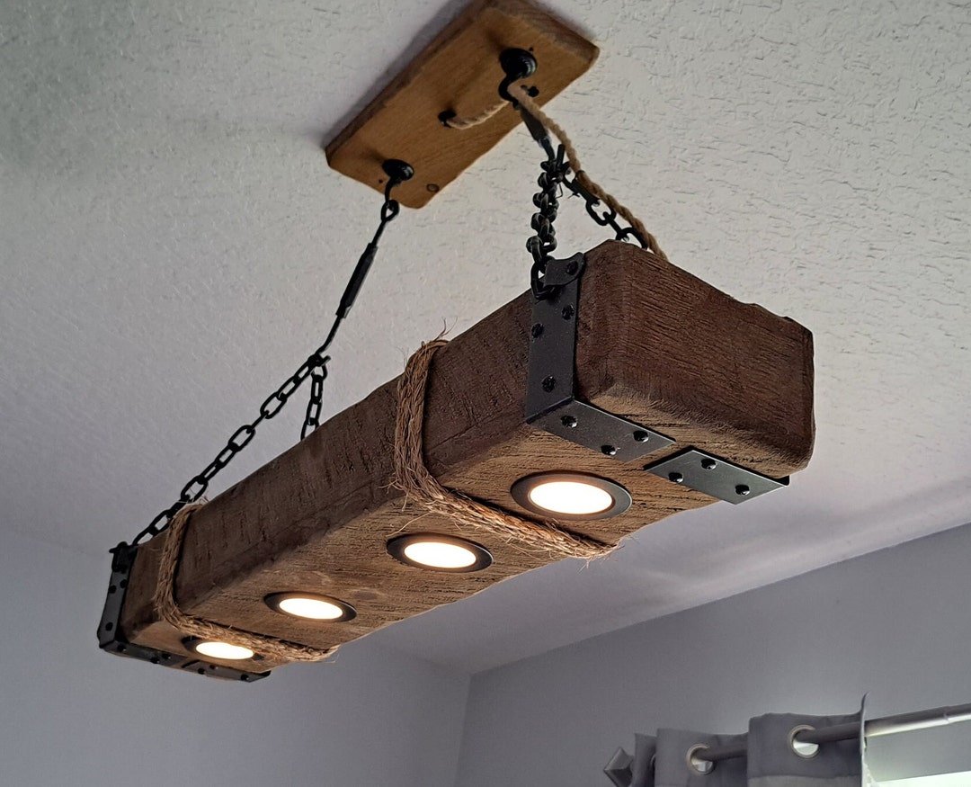 Rustic Wood Barn Beam Hanging Chandelier Pendant Lamp With Recessed LED ...