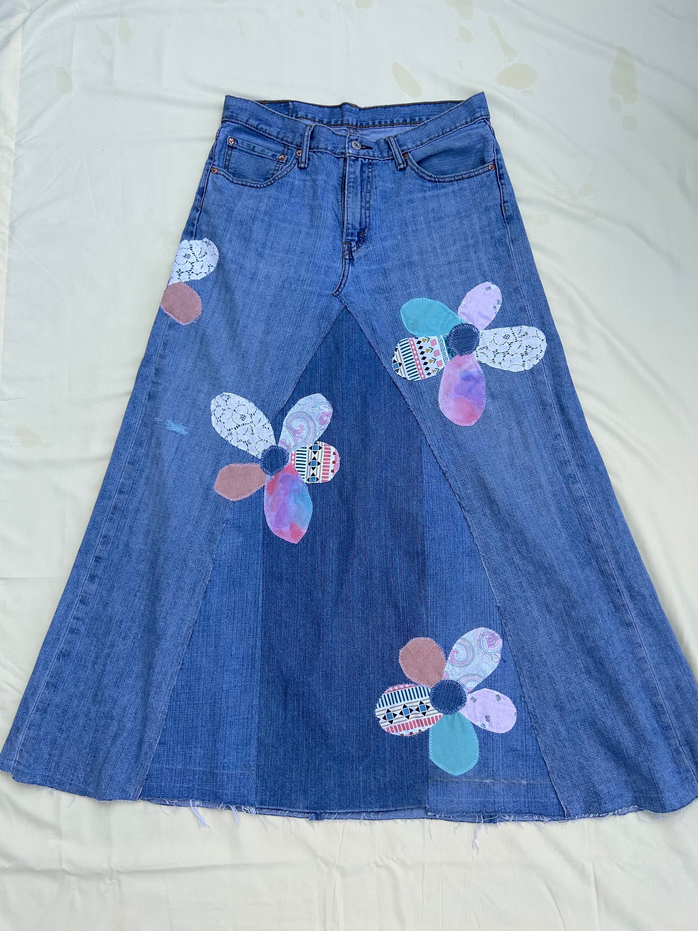 Upcycled Patchwork Long Denim Skirt - Etsy