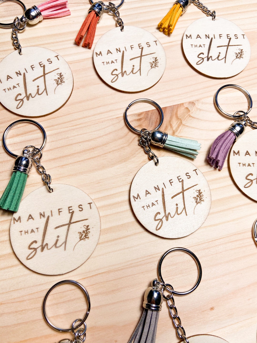 Manifest That Shit Keychain | Wood Engraved Tassel Keychain | Cuss Word ...