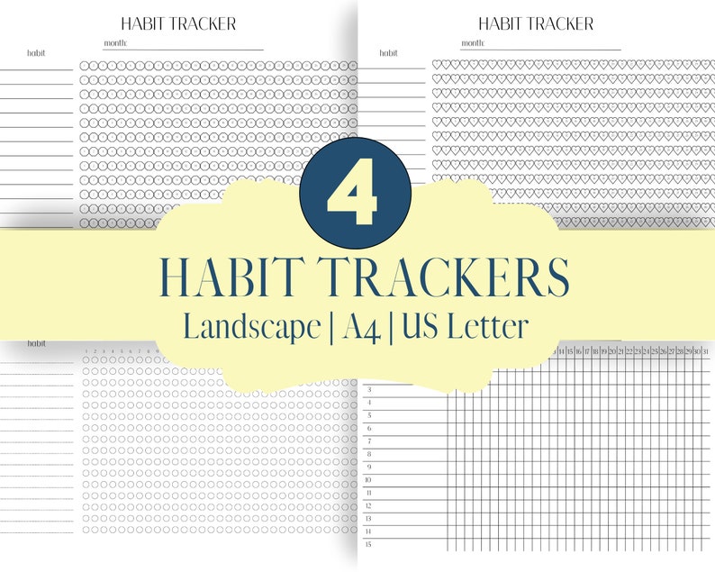Habit Tracker Printable Landscape Simple Design, PDF Four Designs to ...