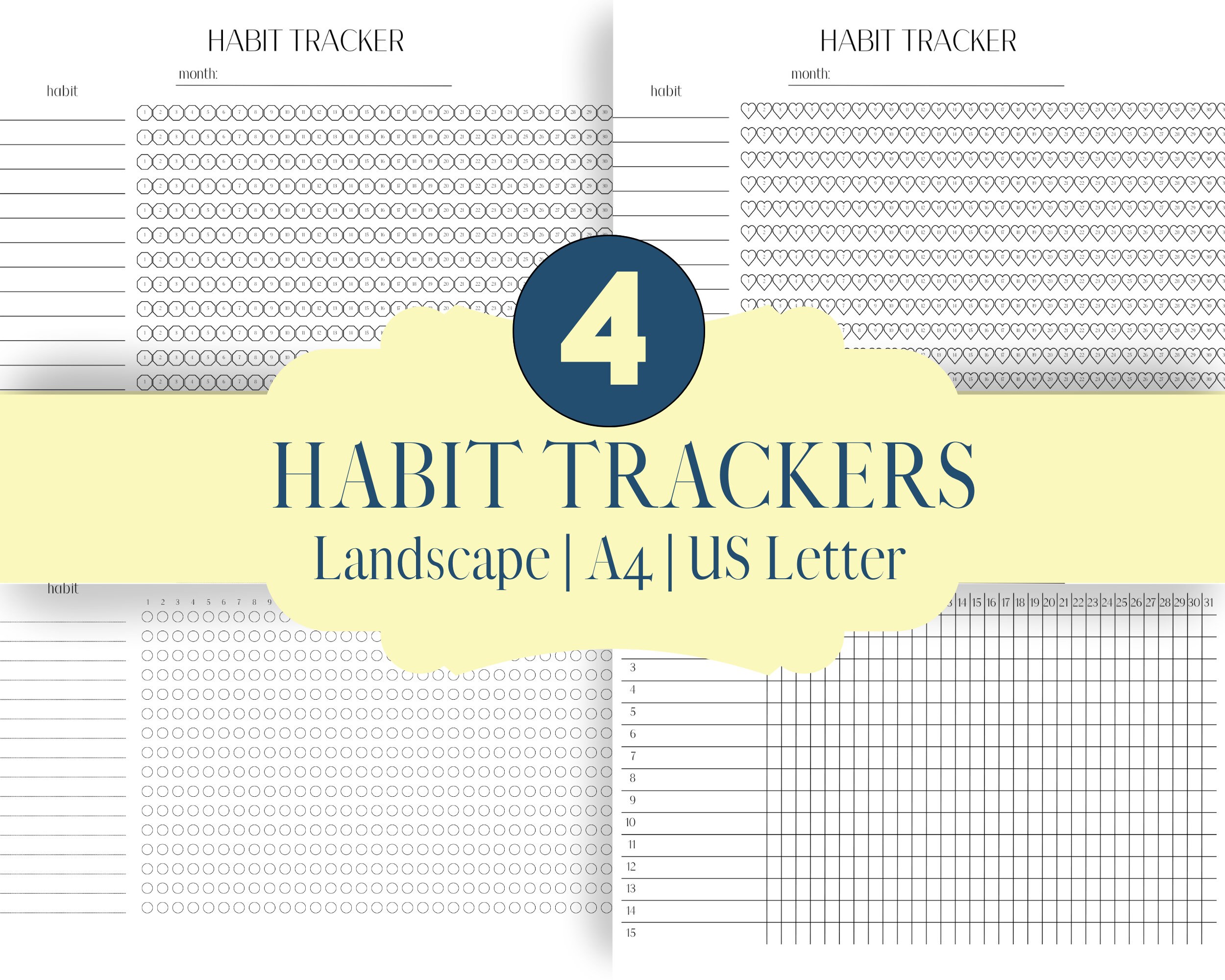 Habit Tracker Printable Landscape Simple Design, PDF Four Designs to ...