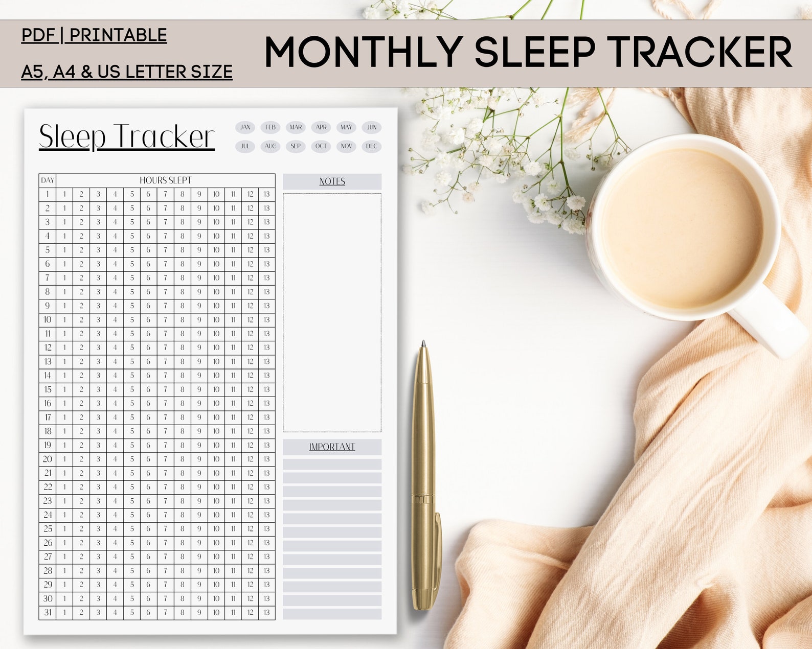 Sleep Tracker Printable PDF, Instant Download Sleep Log, Sleep Diary ...