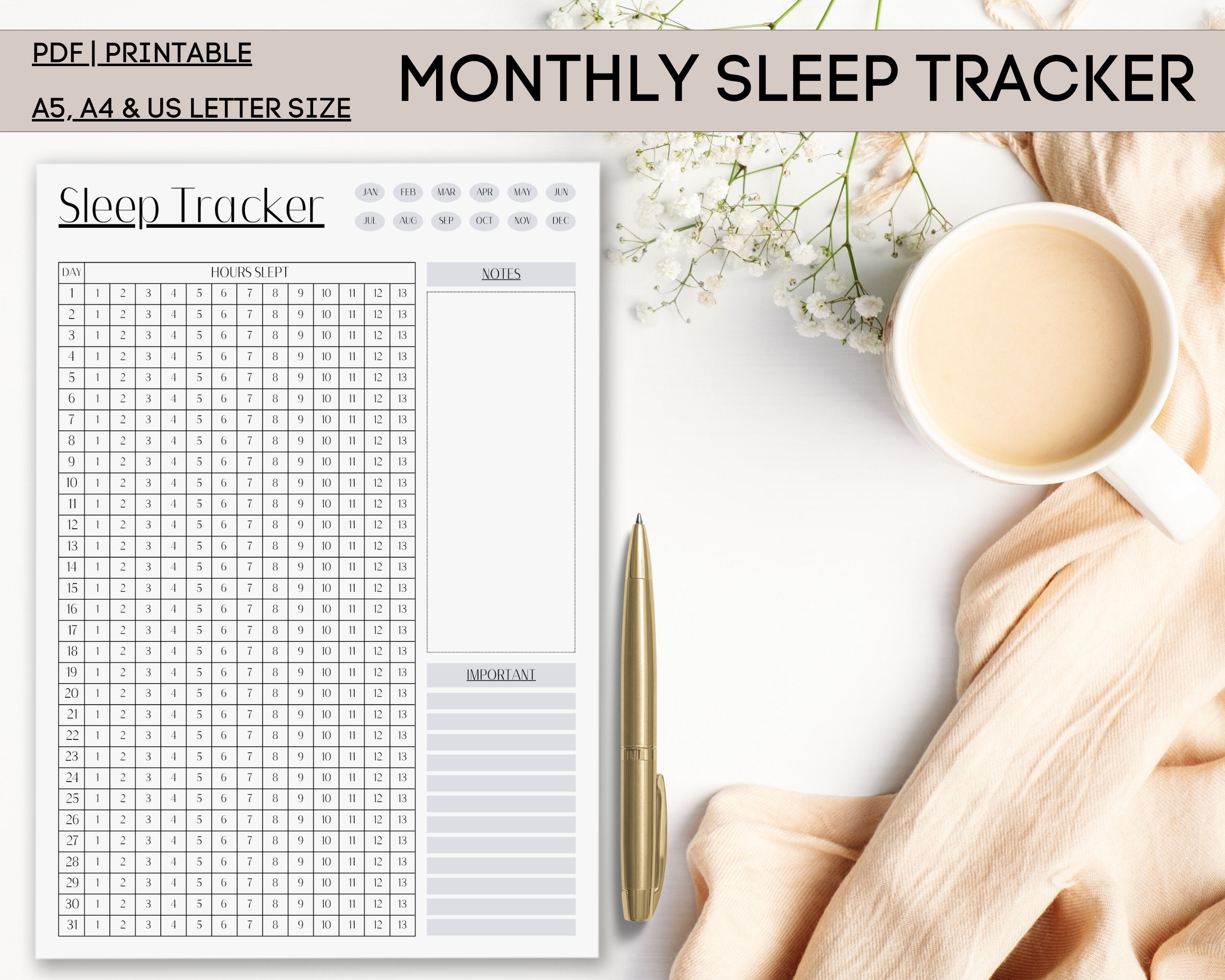 Sleep Tracker Printable PDF, Instant Download Sleep Log, Sleep Diary ...